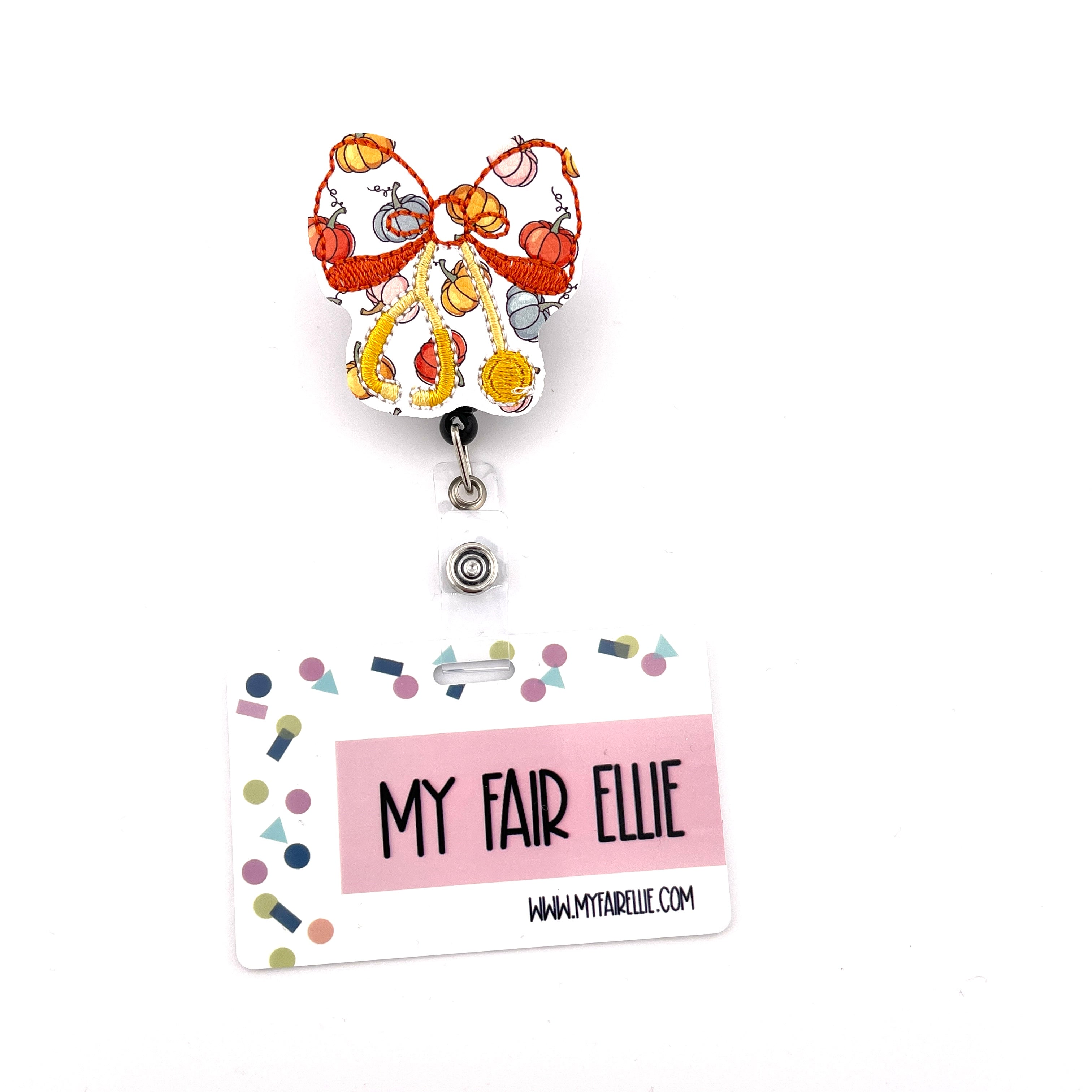 Pumpkin Print Stethoscope Bow // Badge Buddy – My Fair Ellie