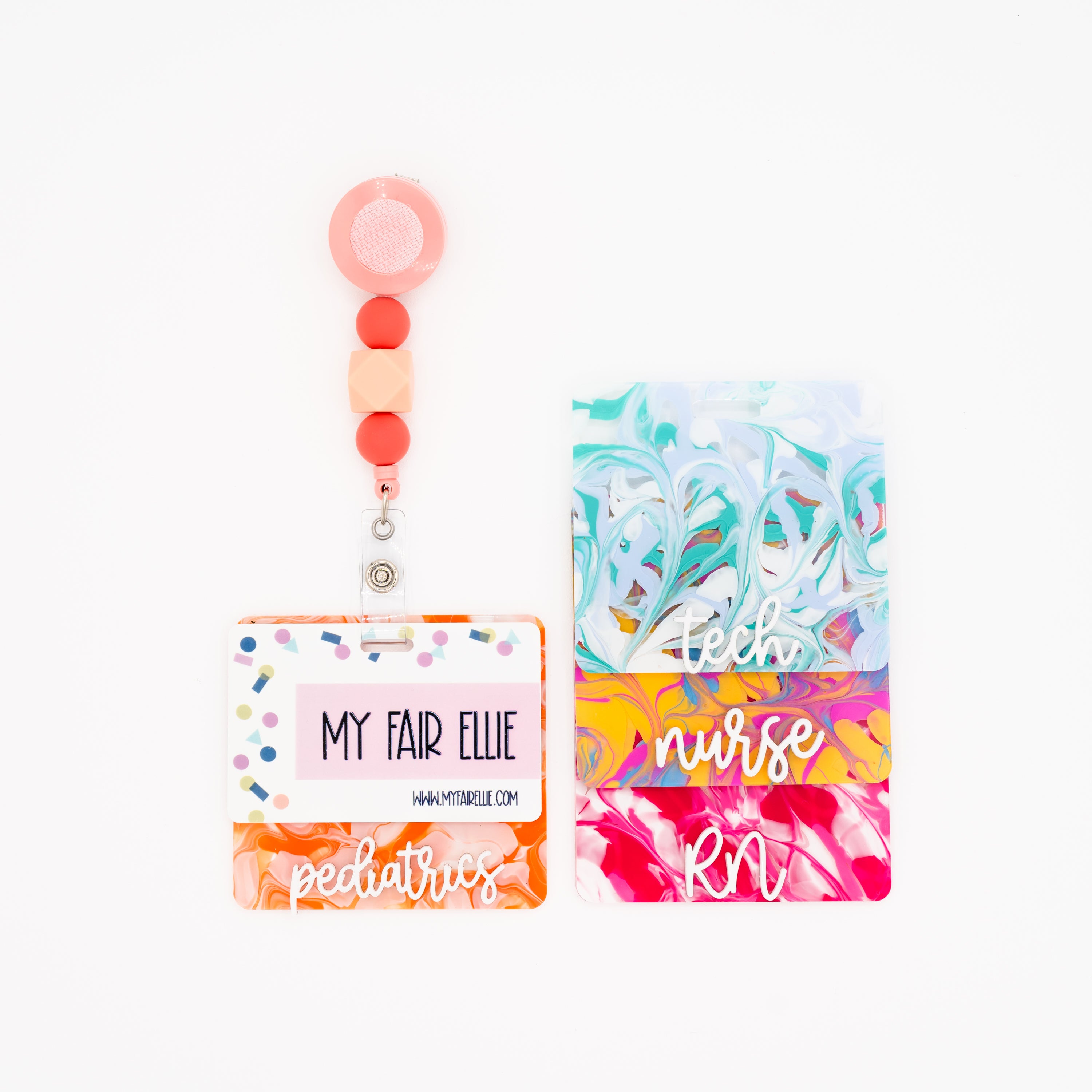 Swirl Series w/ White Script Text // Badge Backer // 2-4 Week Turnarou ...